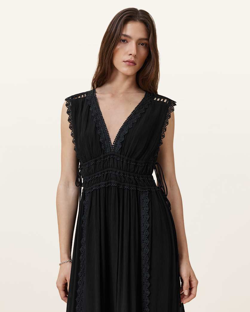 Xanthe Lace-Trimmed Maxi Dress Black | ALLSAINTS